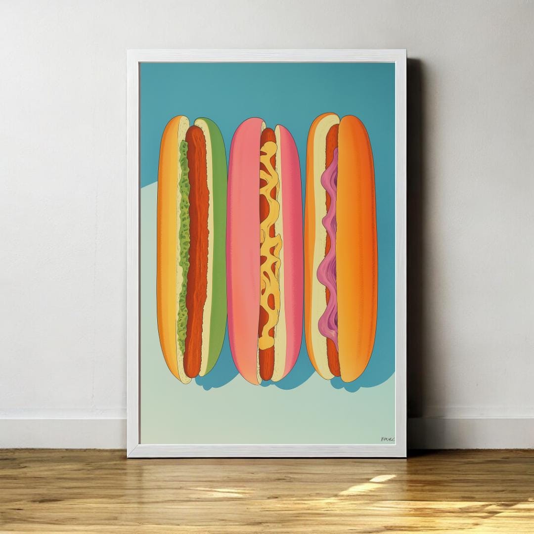 Hot Dog Art Print Fun Retro Kitchen Decor, Colorful Food Illustration ...