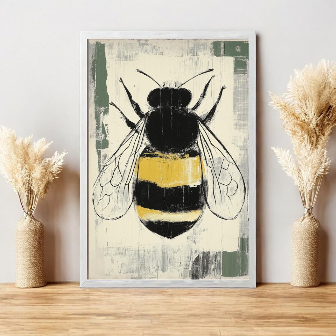 Rustic Bumblebee Wall Art Print, Bold Modern Bee Illustration ...