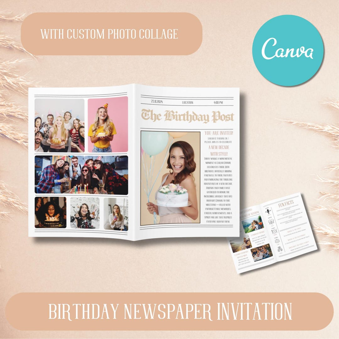 Newspaper Birthday Invitation, Double Sided Newspaper Invite, Digital ...