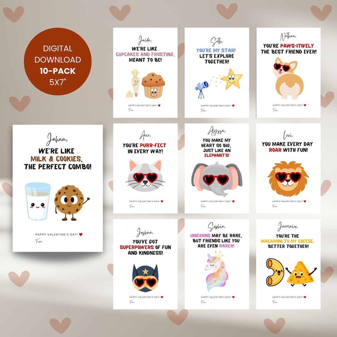Digital 10-pack Valentines Day Card for Kids | Hand Out at School or to ...