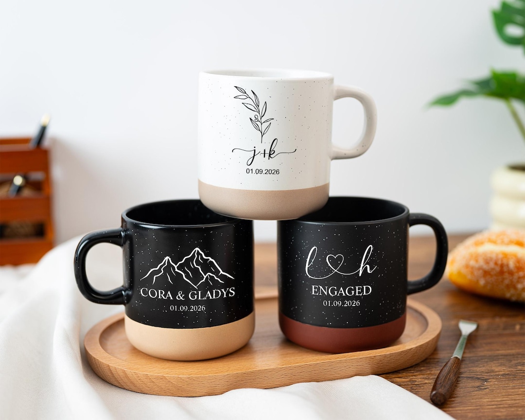 Personalised Engraved Engagement Pottery Mug, Custom Wedding Mugs ...