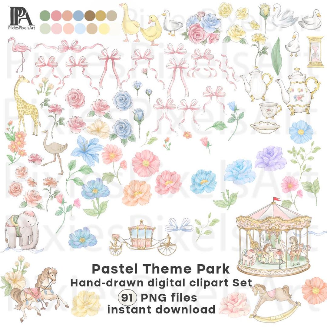 Digital Hand-drawn Clipart Set Consists of Pastel Theme Park - Etsy