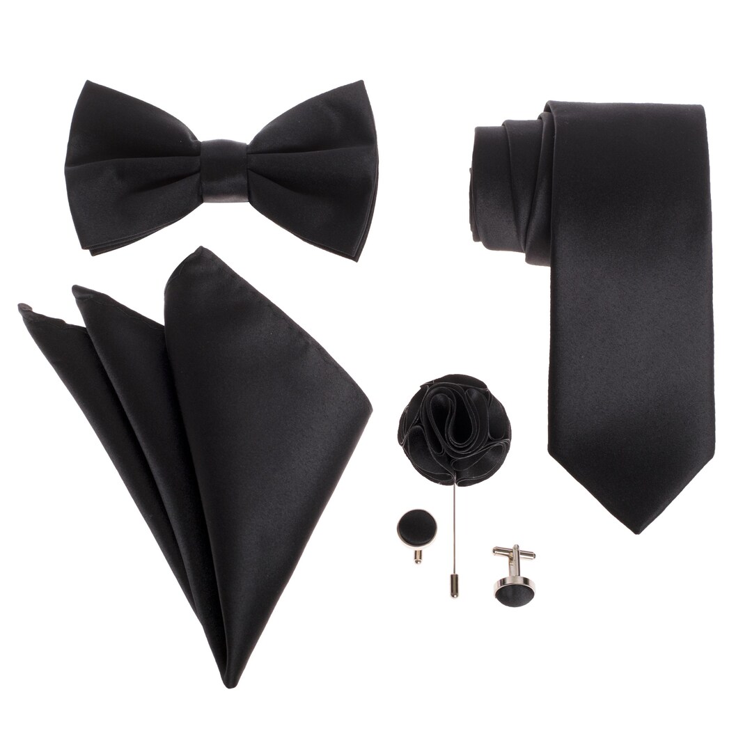 Men's Premium Black Necktie Bow Tie Pocket Square Lapel Pin Cufflinks ...