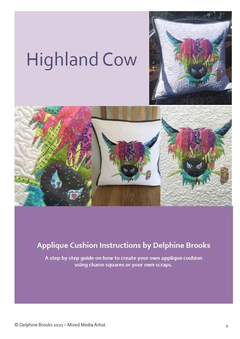 Delphine Brooks Highland Cow Applique Cushion Sewing Instruction and ...