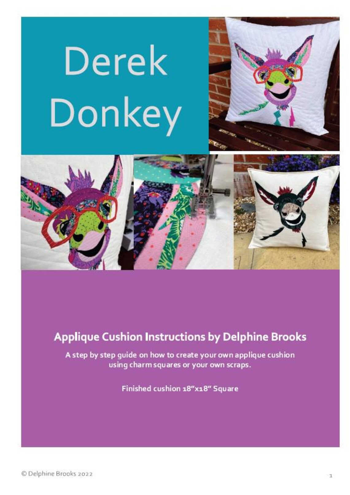 Delphine Brooks Derek Donkey Applique Cushion Sewing Instruction ...