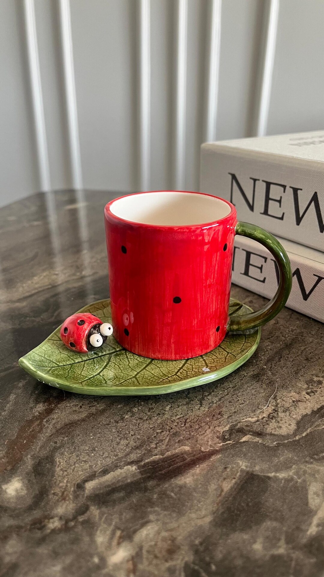 Handmade Ceramic Ladybug Mug With Leaf Plate: Unique Pottery Gift - Etsy