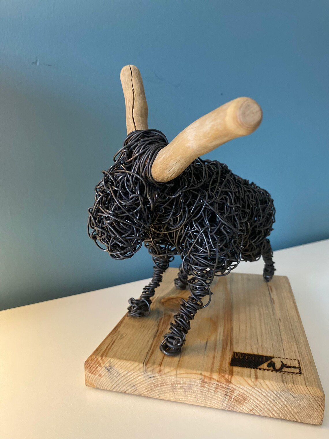 Handmade Water Buffalo Sculpture With Metal Wire Body, Natural Wood ...