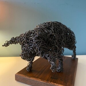Handmade Bull Sculpture With Metal Wire Body and Wooden Base - Rustic ...