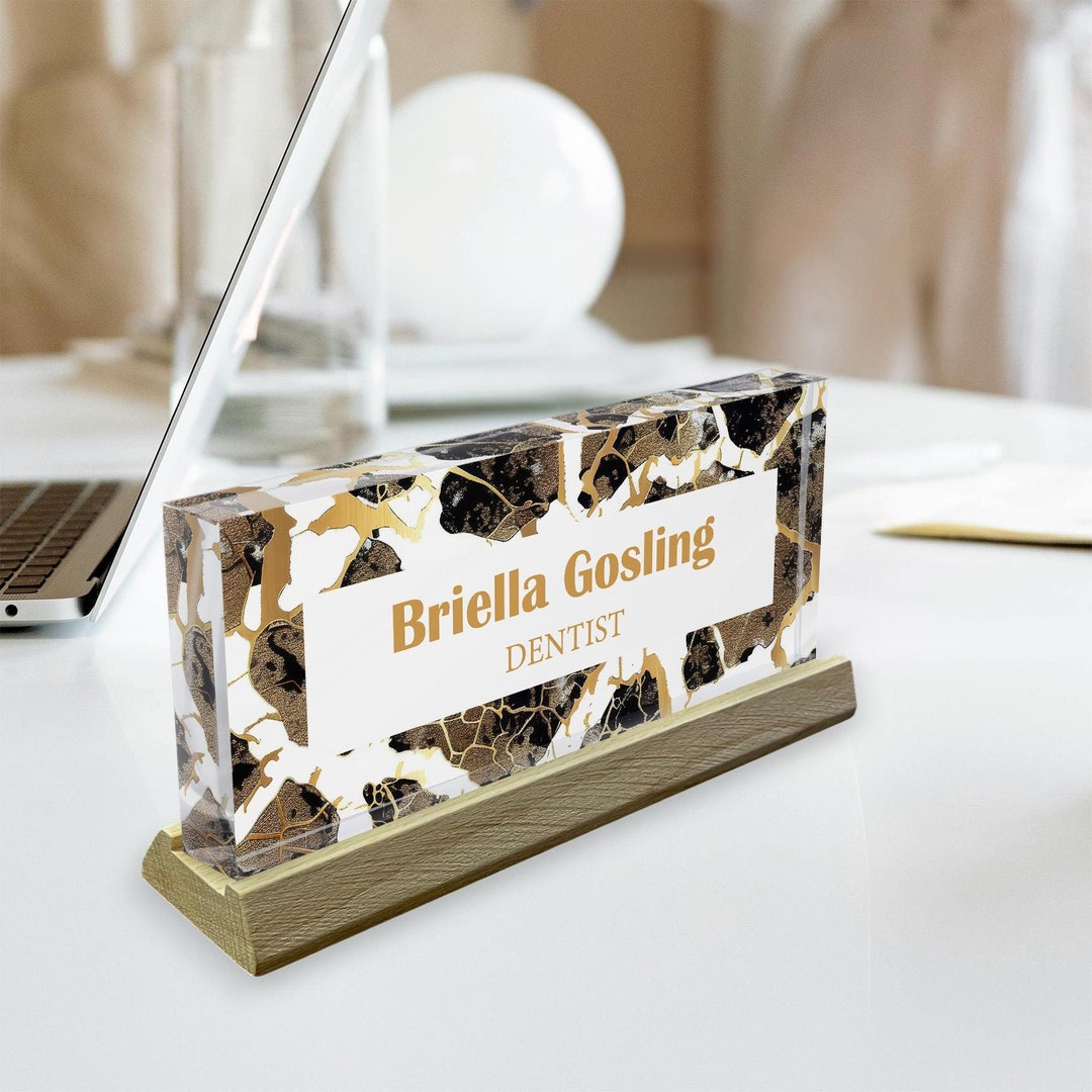 Custom Acrylic Name Block W/ Wooden Base Executive Desk CEO Sign Job ...