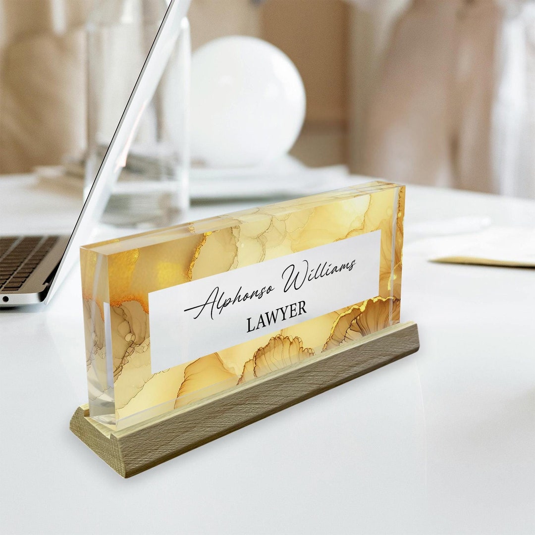 Customizable Desk Name Plate W/ Wooden Base - Coworkers Gift - Company ...