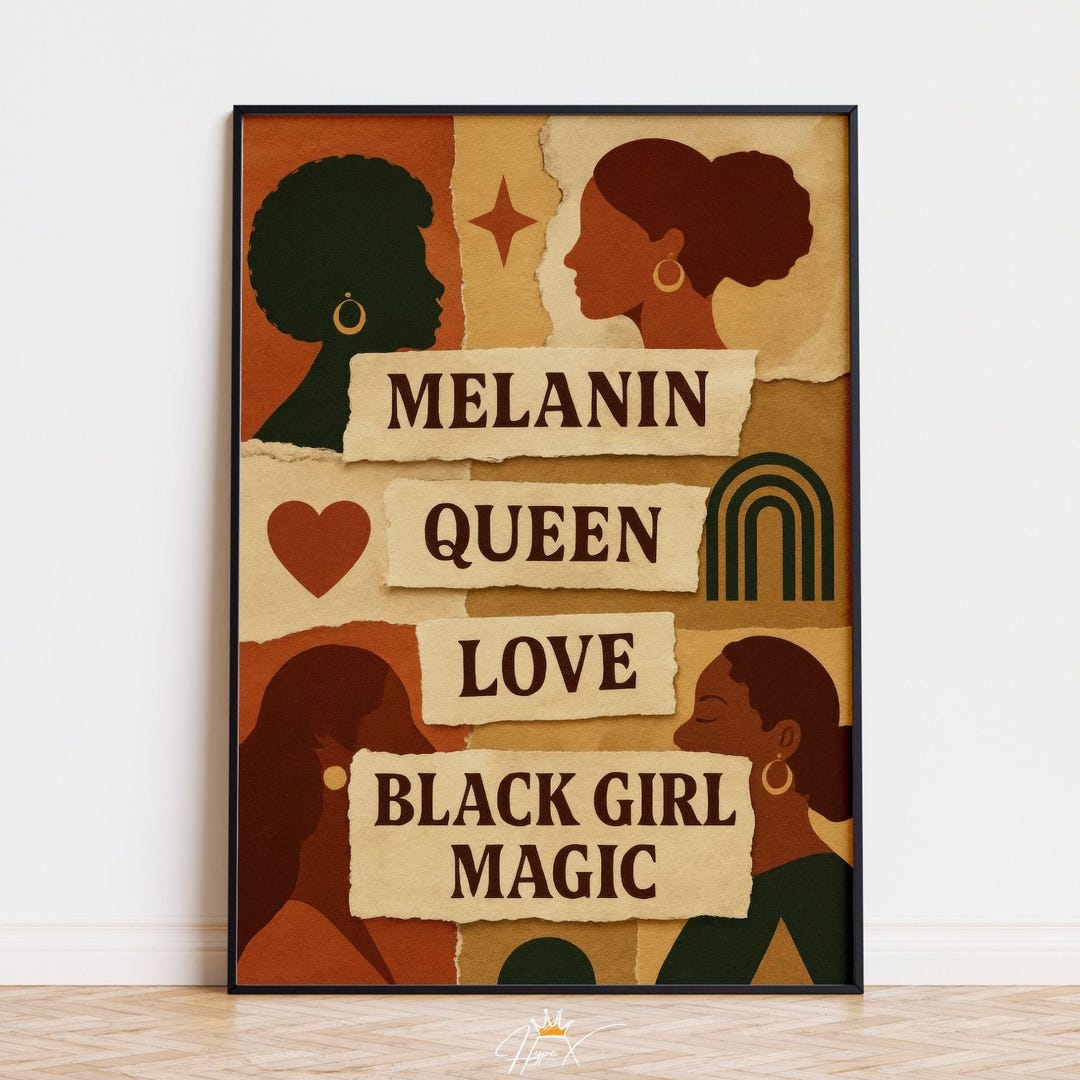 Black Girl Collage Wall Art, Melanin Decor, Retro Style Typography ...