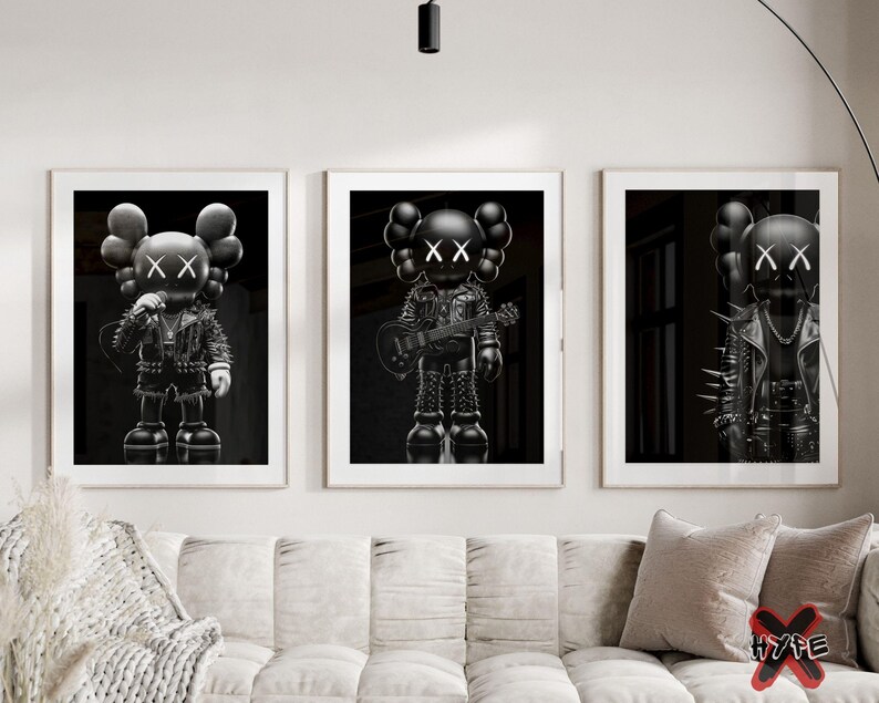 Kaws Poster Set of 3, Rocker Kaws Wall Art, Hypebeast Decor, Black Kaws ...
