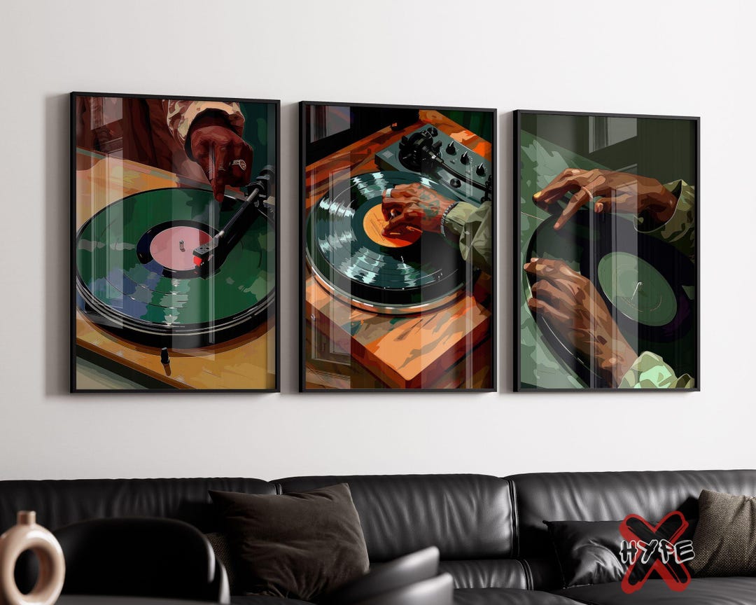 Black Man DJ Wall Art, Set of 3, Printable Vinyl Record Turntable Art ...