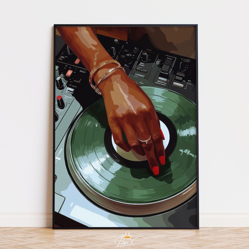 Turntable Music Art Print, Black Girl DJ Wall Art, Green Vinyl Record ...