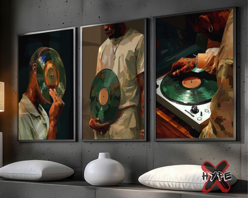 Black Man DJ Wall Art, Set of 3, Printable Vinyl Record Turntable Art ...