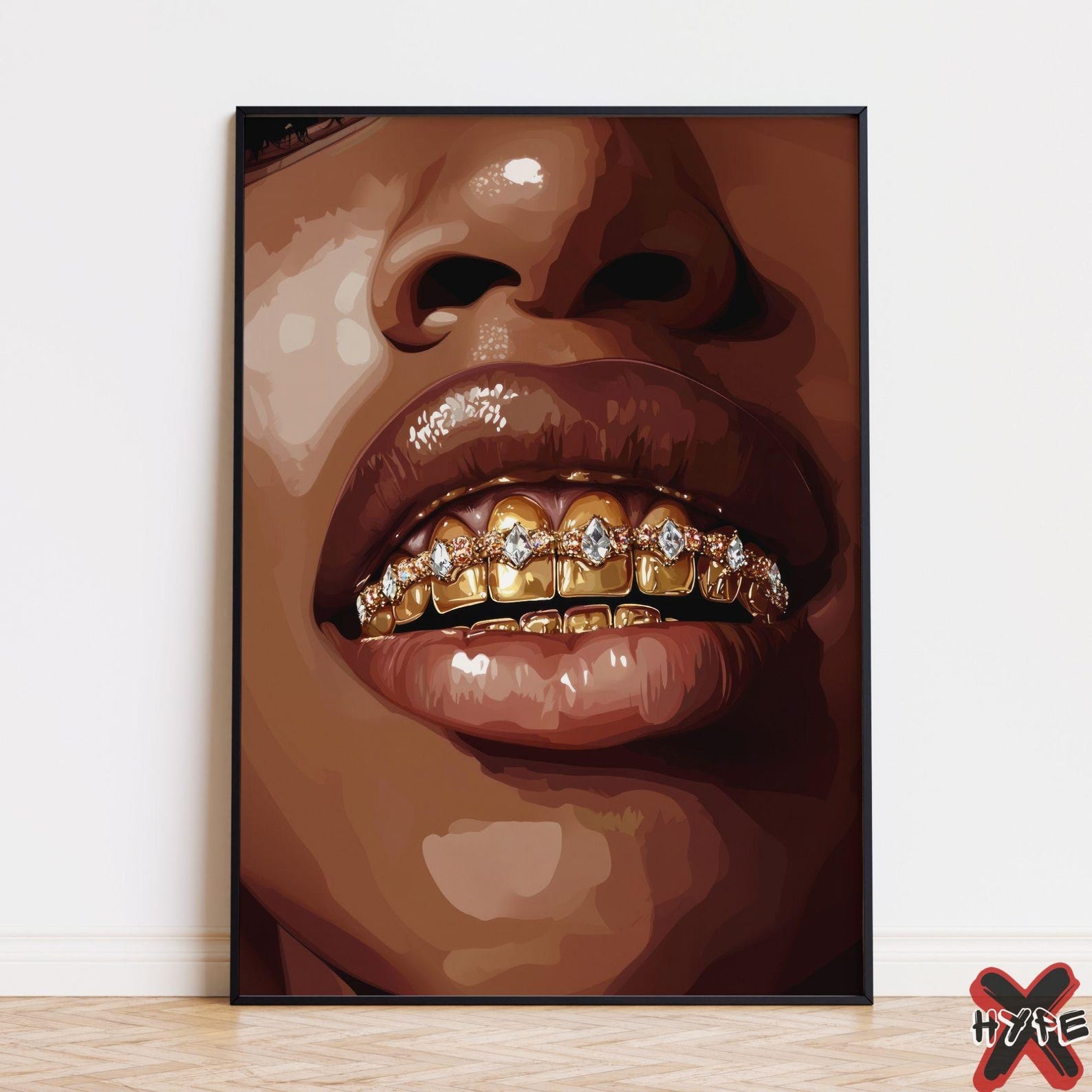 Grillz Black Art Print, Black Woman Gold Teeth Poster, Printable Grillz ...