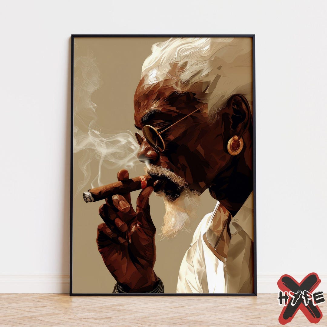 Smoking Cigar Wall Art, Black Man Art Print, Sophisticated Smoking ...