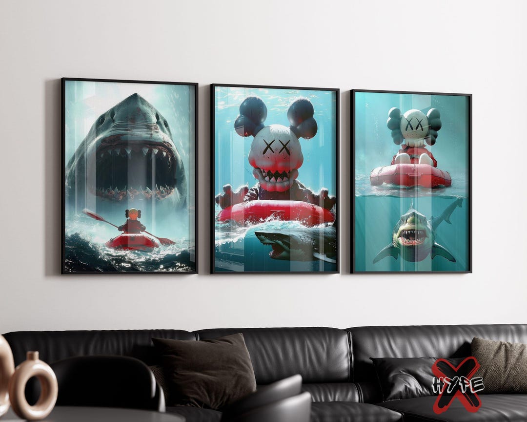 Kaws & Jaws Poster Set of 3, Printable Horror Kaws Wall Art, Shark ...