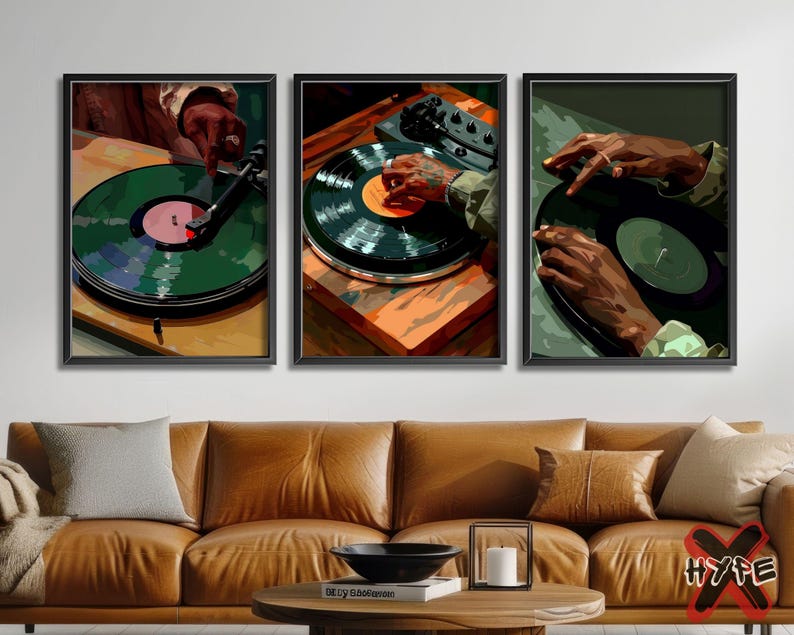 Black Man DJ Wall Art, Set of 3, Printable Vinyl Record Turntable Art ...