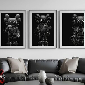 Kaws Poster Set of 3, Rocker Kaws Wall Art, Hypebeast Decor, Black Kaws ...