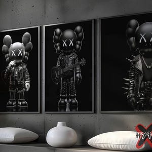 Kaws Poster Set of 3, Rocker Kaws Wall Art, Hypebeast Decor, Black Kaws ...
