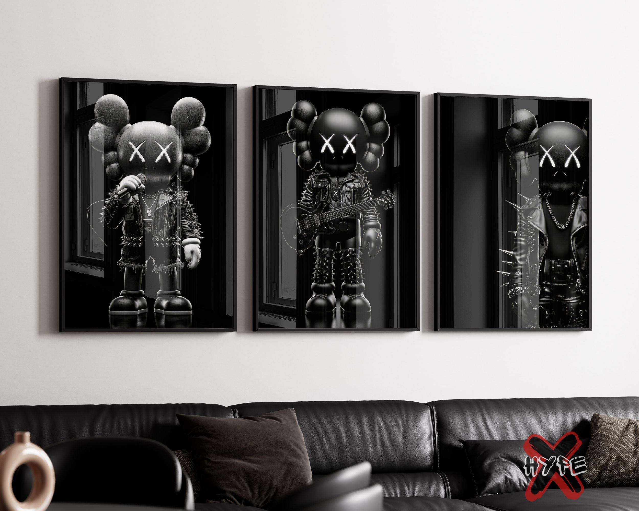 Kaws Poster Set of 3, Rocker Kaws Wall Art, Hypebeast Decor, Black Kaws ...