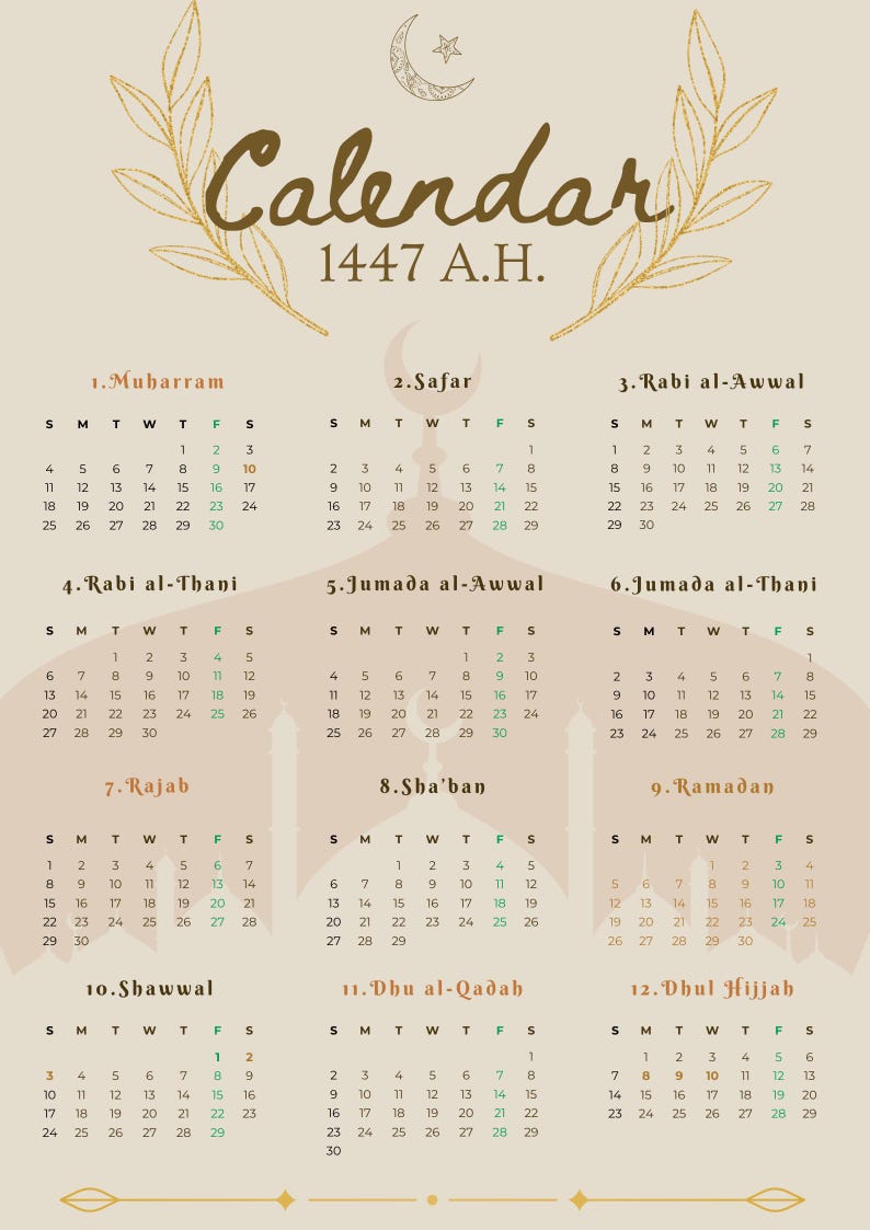 Islamic Calendar, Dates, Hijri, 1447, Special Events, Gold and Elegant ...