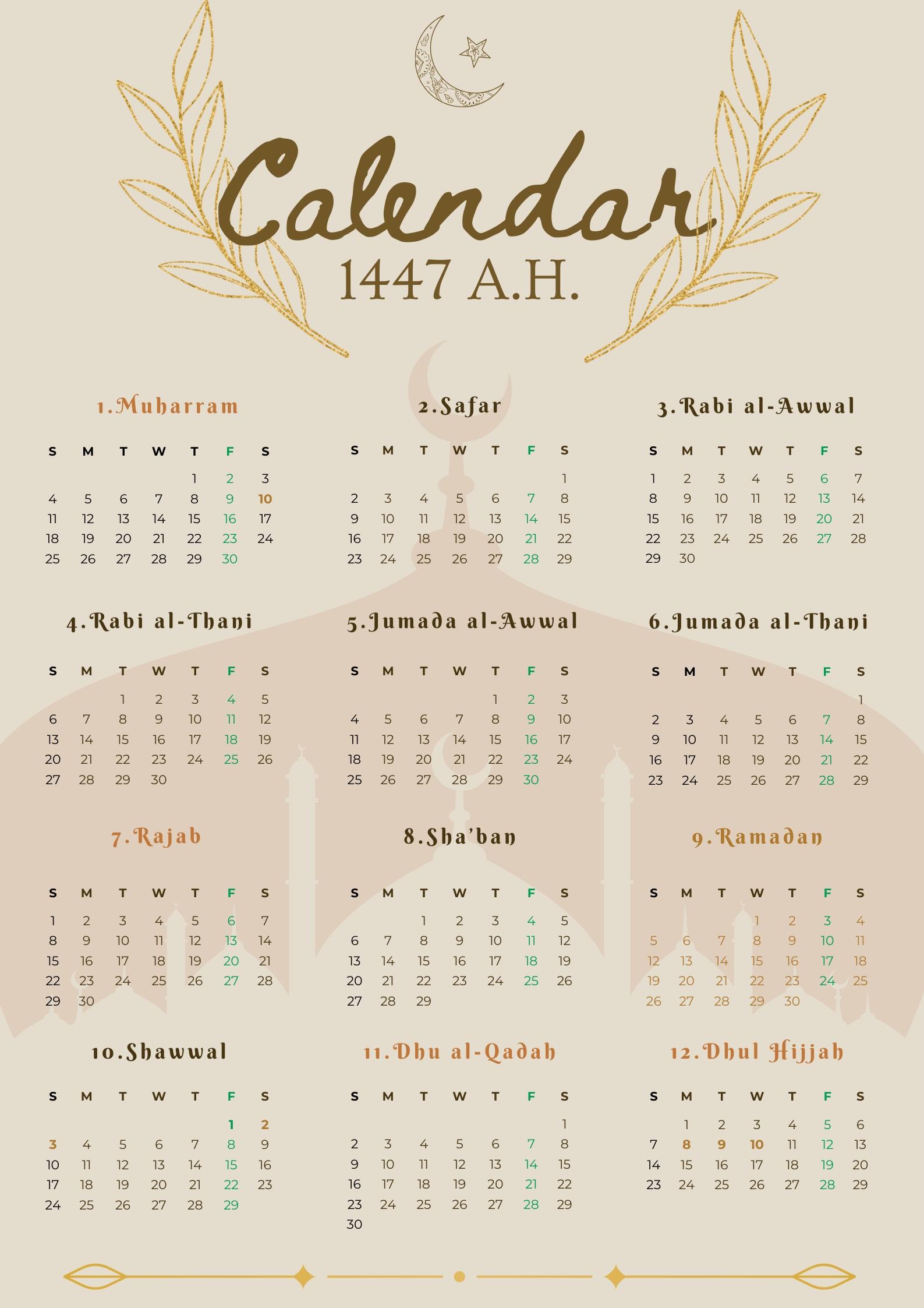Islamic Calendar, Dates, Hijri, 1447, Special Events, Gold and Elegant ...