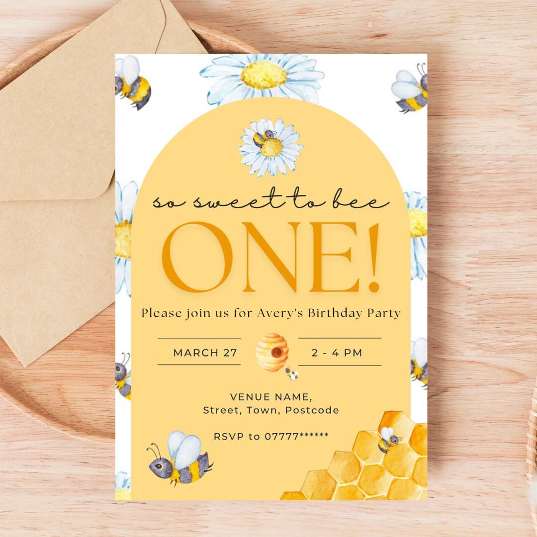 Honey Bee 1st Birthday Invitation Canva Template, Editable Bumble Bee ...