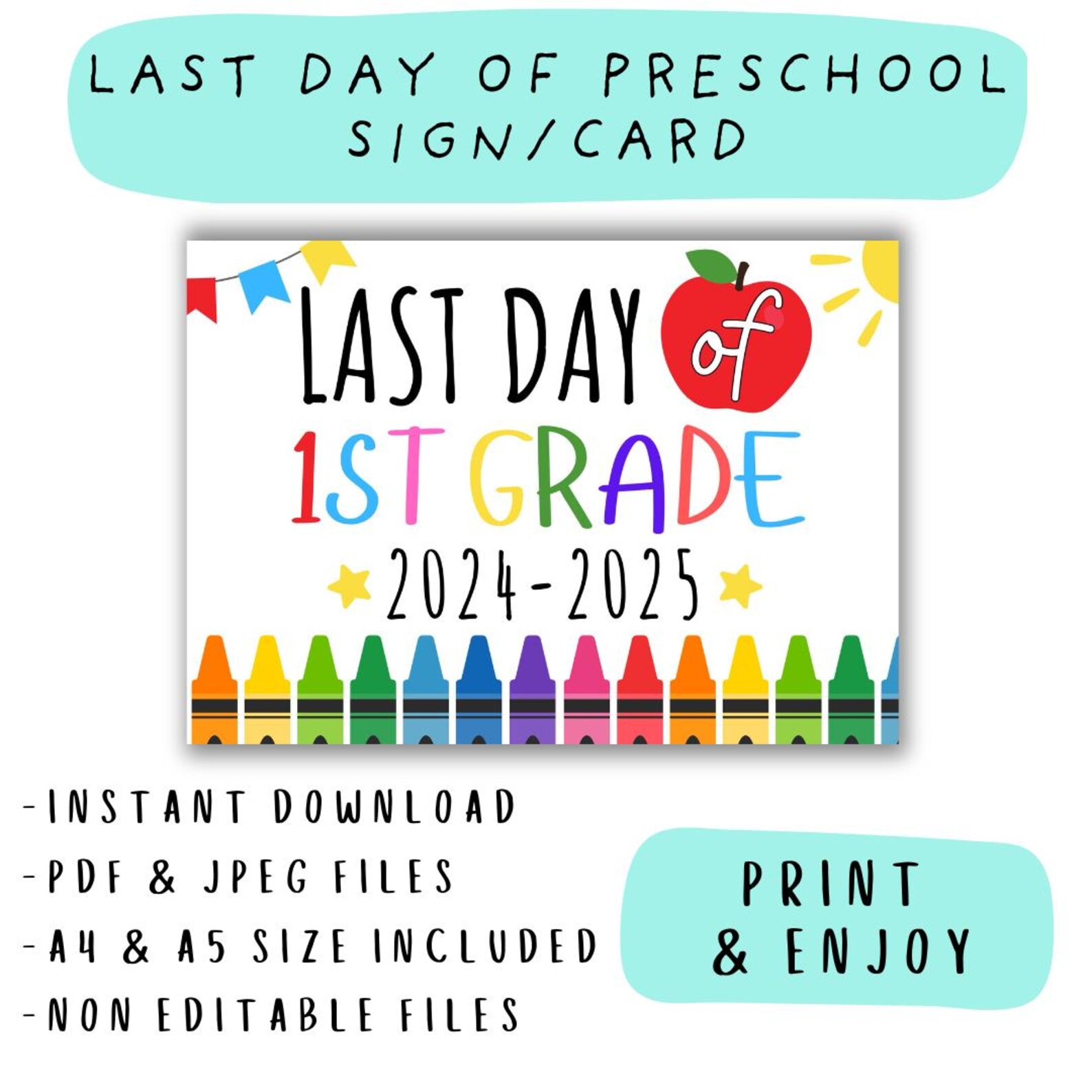 Last Day of 1st Grade Sign: Keepsake Photo Prop (digital Download A4/A5 ...
