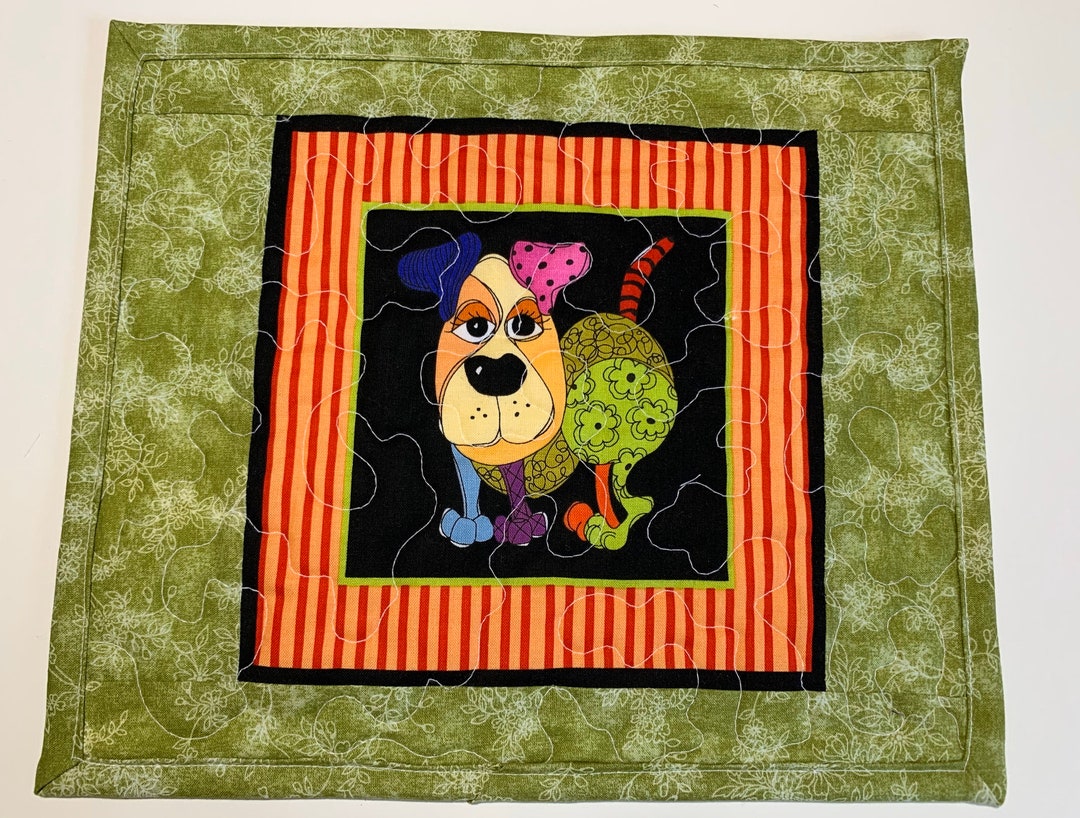 Dog Mug Rug Quilted, Small Fabric Placemat, Oversized Dog Coaster Snack ...