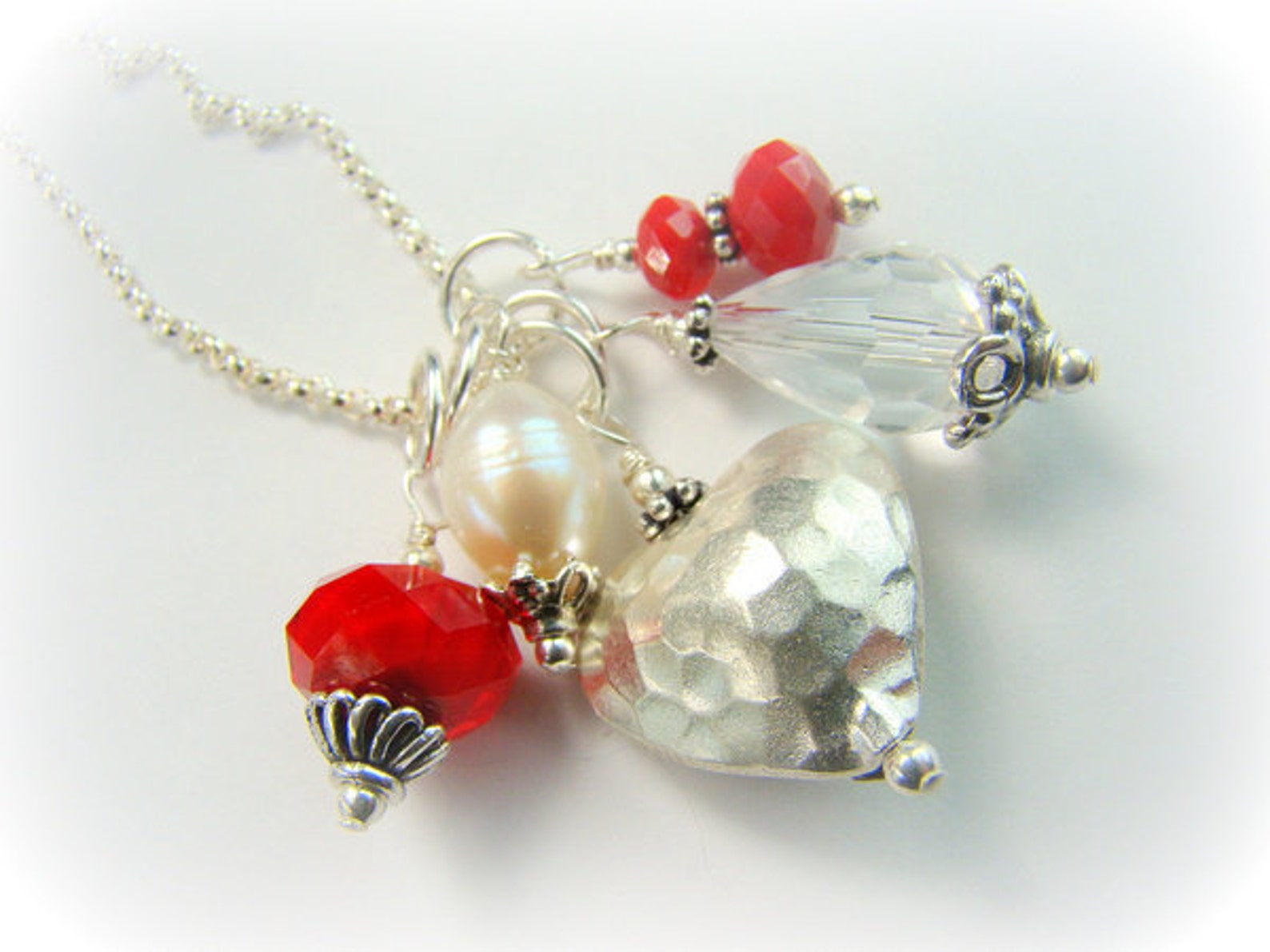 Red Crystal Necklace, Pearl Charm Necklace, Silver Heart Pendant ...