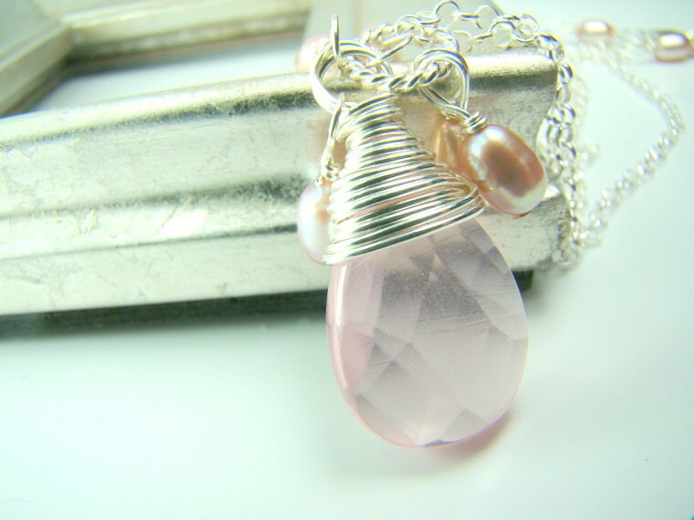 Pink Quartz Necklace, Pink Pearl Necklace, Wire Wrapped, Pastel Pink ...