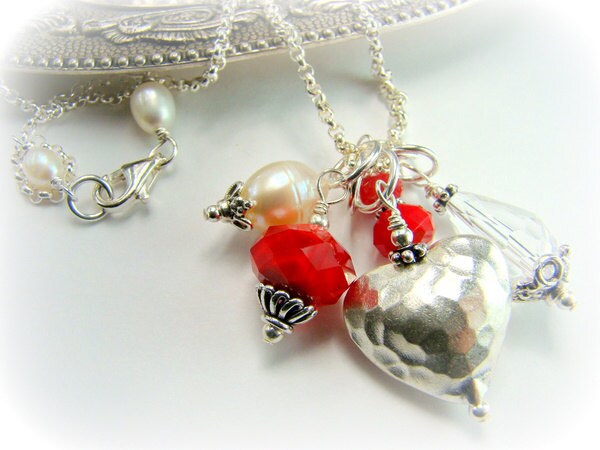 Red Crystal Necklace, Pearl Charm Necklace, Silver Heart Pendant ...