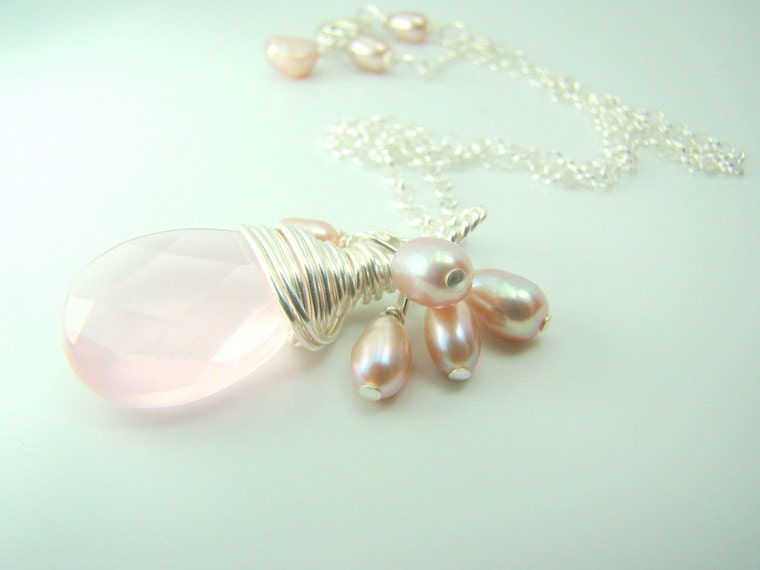 Pink Quartz Necklace, Pink Pearl Necklace, Wire Wrapped, Pastel Pink ...