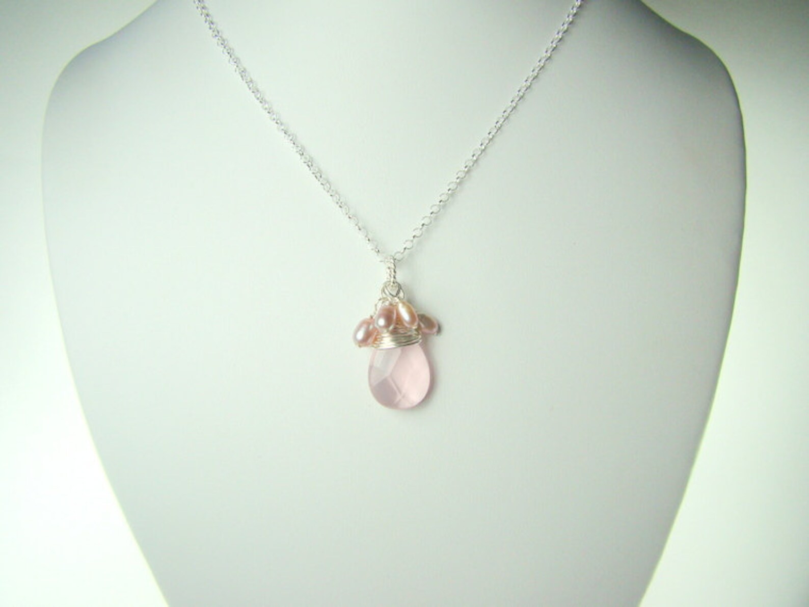 Pink Quartz Necklace, Pink Pearl Necklace, Wire Wrapped, Pastel Pink ...