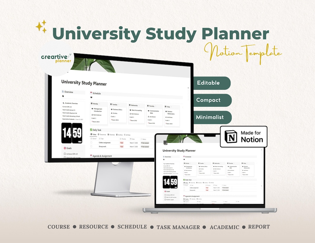 University Planner Notion Template, University Study Planner, College ...