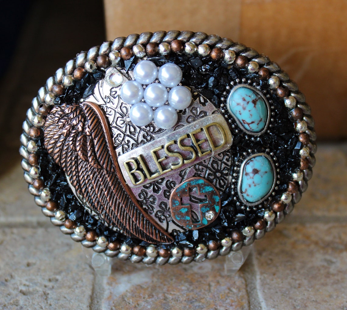 Western Christian Angelic blessed Mosaic Belt Buckle With Faux Pearls ...