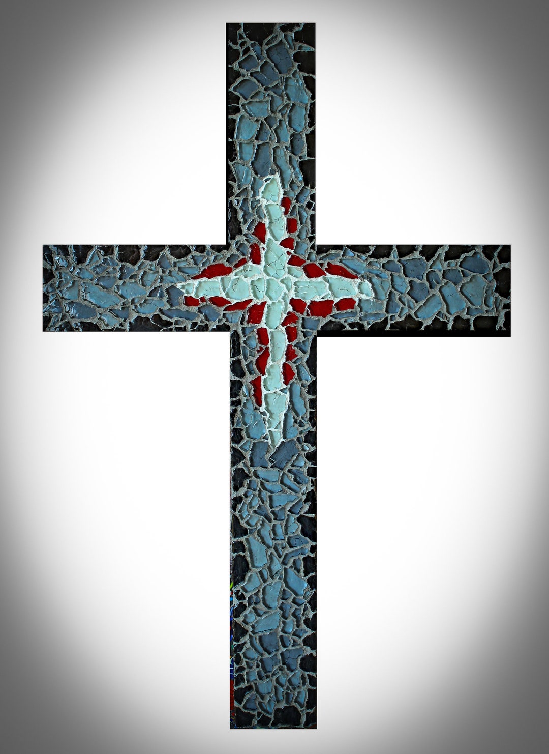 Modern Contemporary Mosaic Glass Cross in Grays White and Red - Etsy
