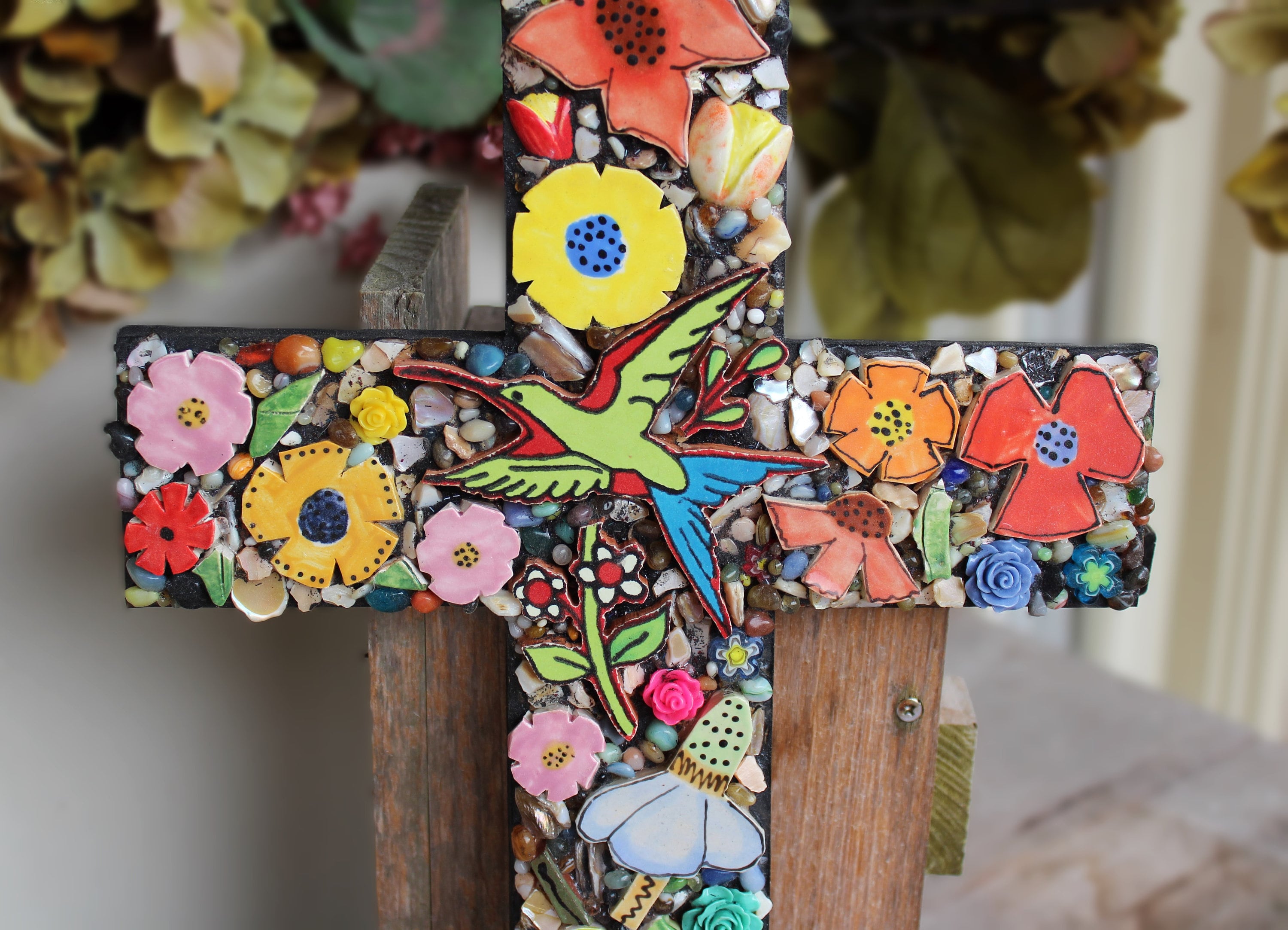 Mosaic Hummingbird Cross, Wall Cross, Spiritual Cross, Floral Wall ...