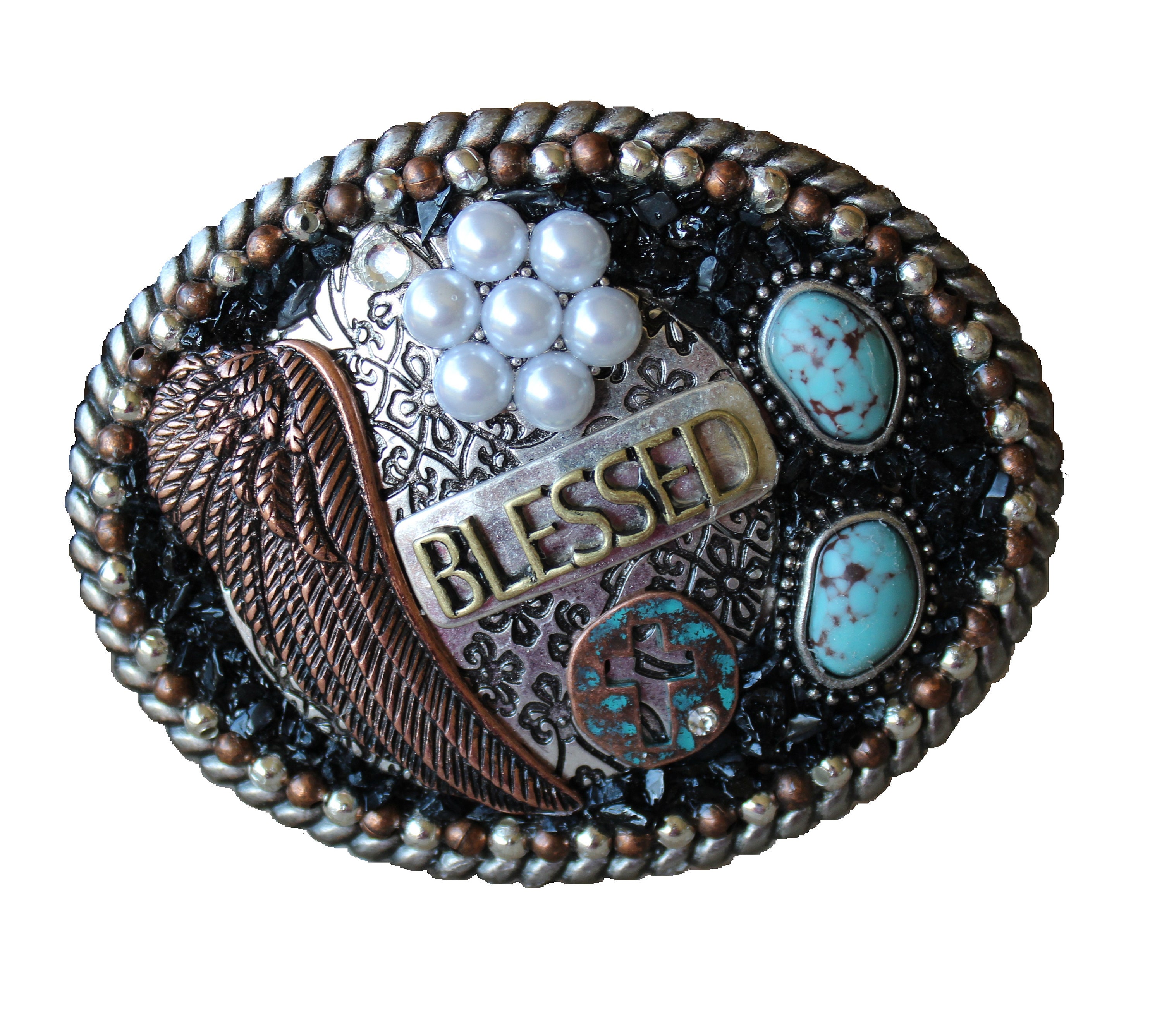 Western Christian Angelic blessed Mosaic Belt Buckle With Faux Pearls ...
