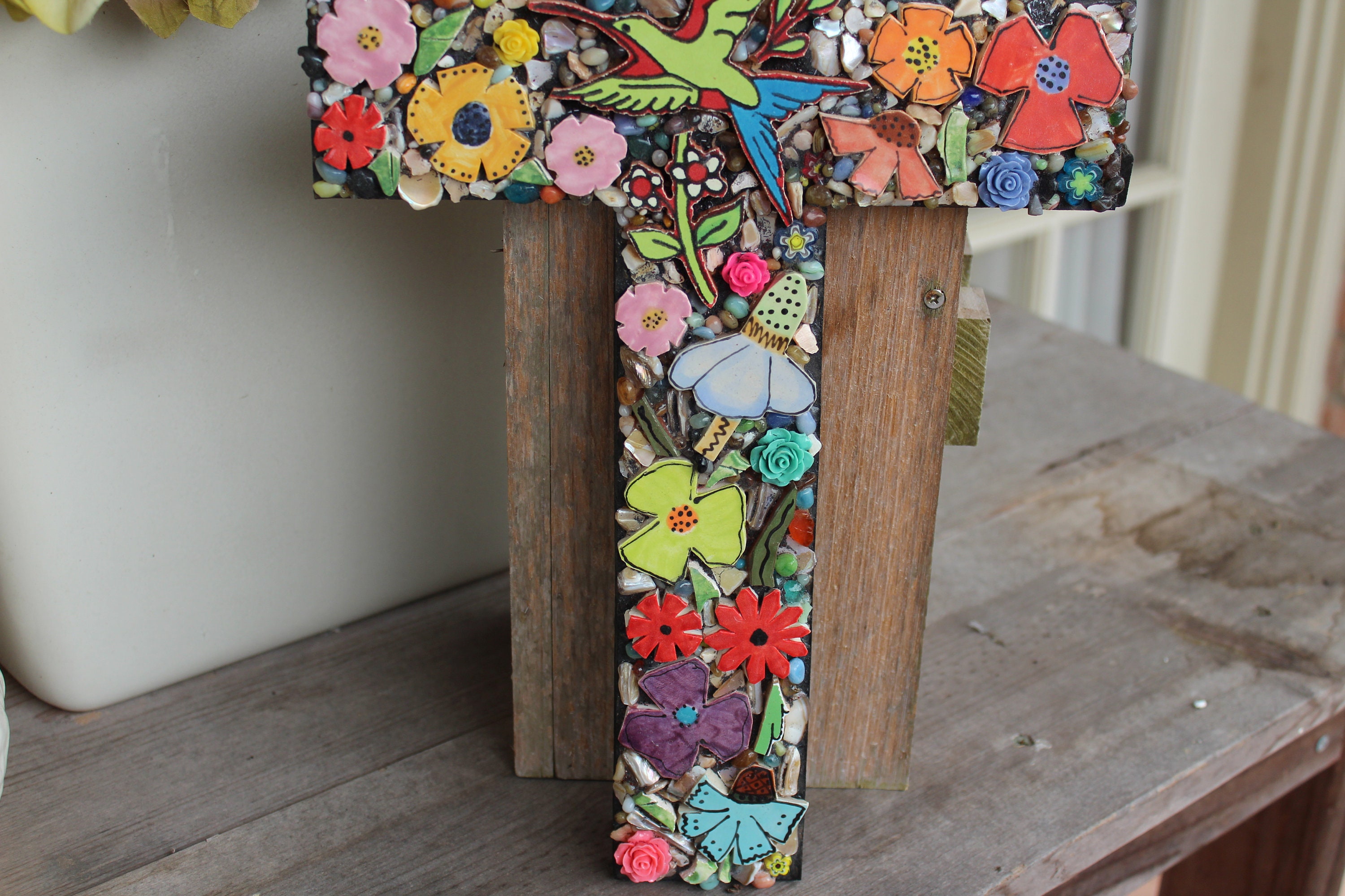 Mosaic Hummingbird Cross, Wall Cross, Spiritual Cross, Floral Wall ...