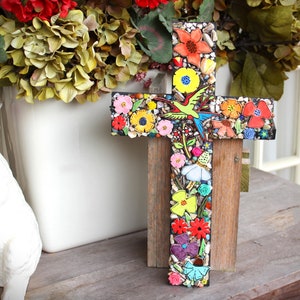 Mosaic Hummingbird Cross, Wall Cross, Spiritual Cross, Floral Wall ...