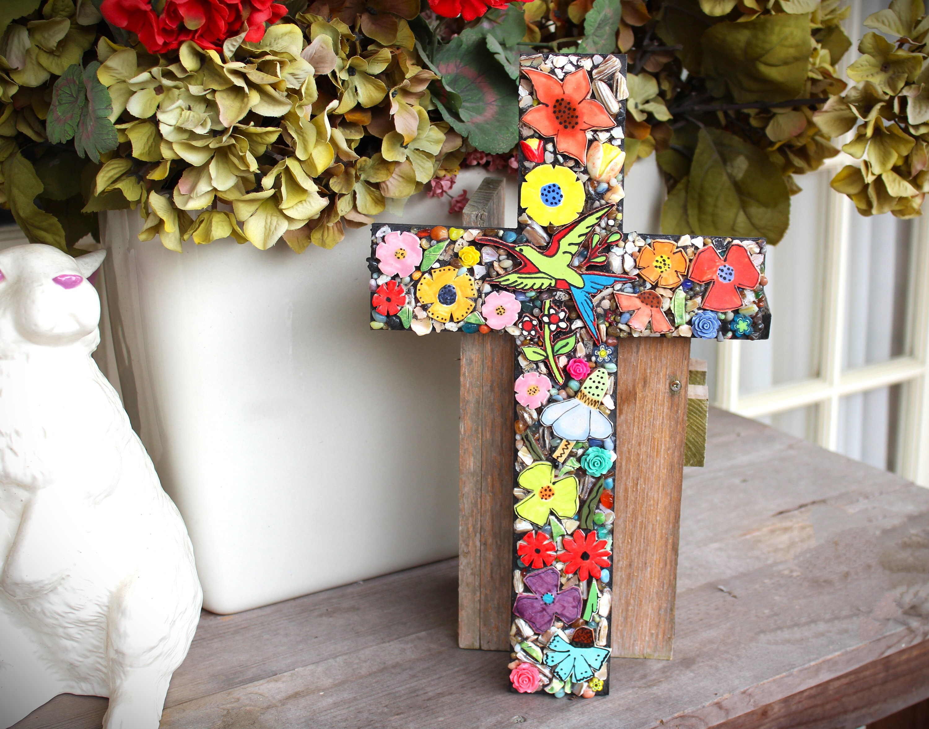 Mosaic Hummingbird Cross, Wall Cross, Spiritual Cross, Floral Wall ...