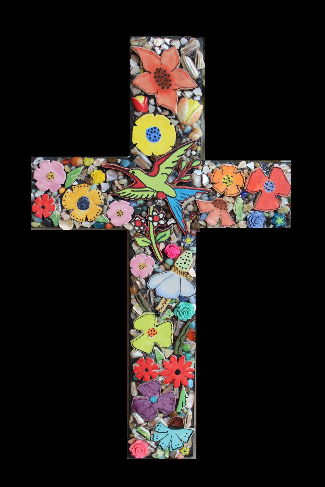Mosaic Hummingbird Cross, Wall Cross, Spiritual Cross, Floral Wall ...