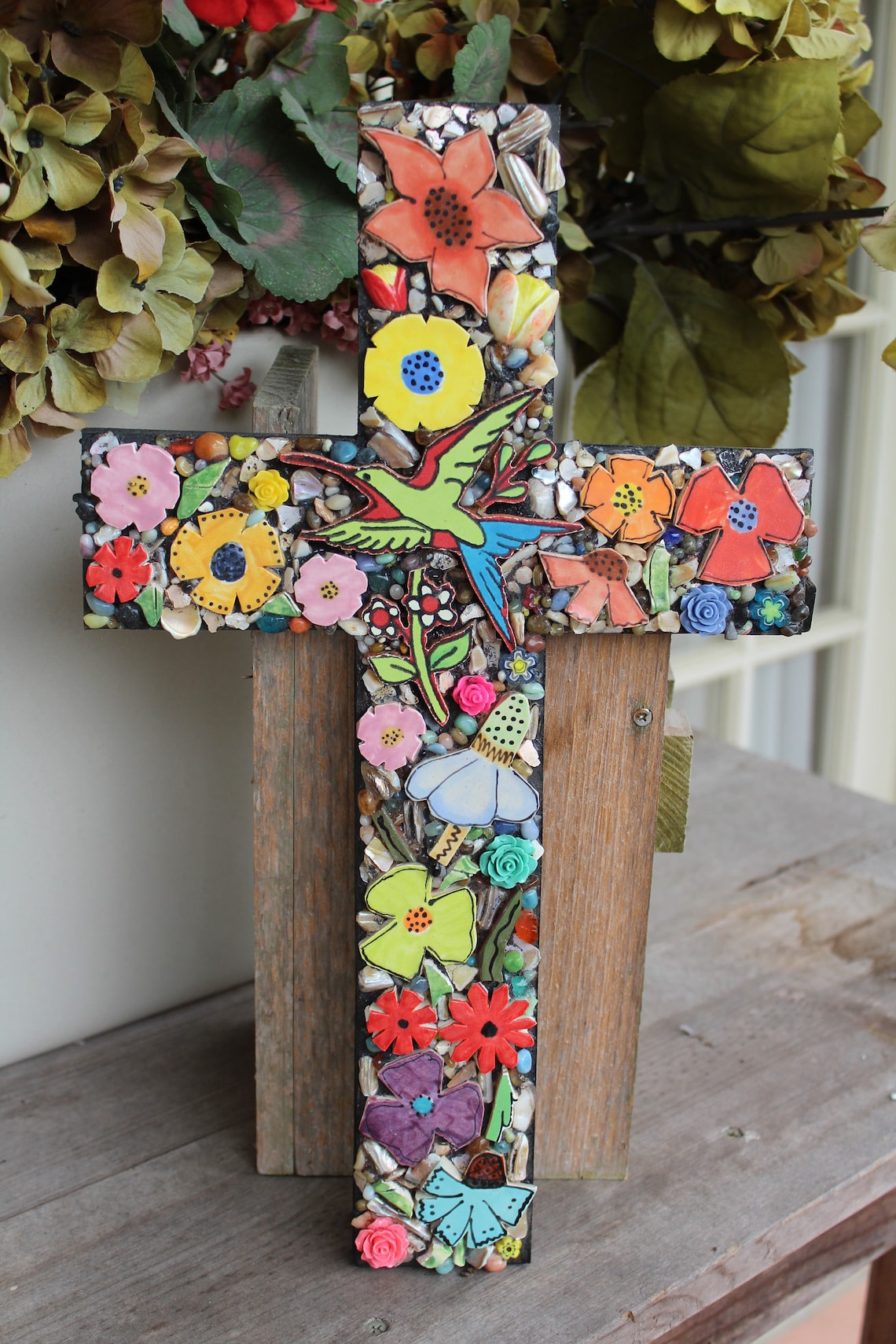 Mosaic Hummingbird Cross, Wall Cross, Spiritual Cross, Floral Wall ...