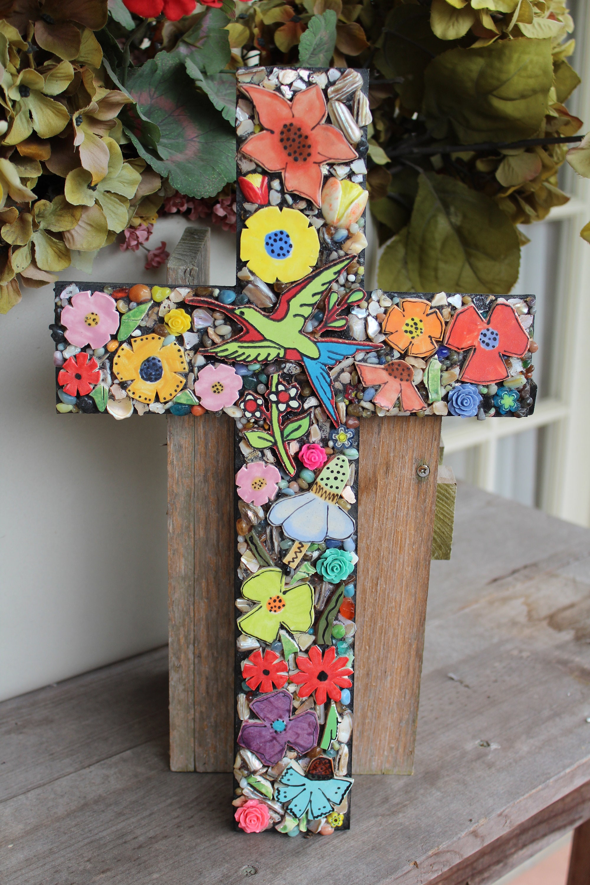 Mosaic Hummingbird Cross, Wall Cross, Spiritual Cross, Floral Wall ...