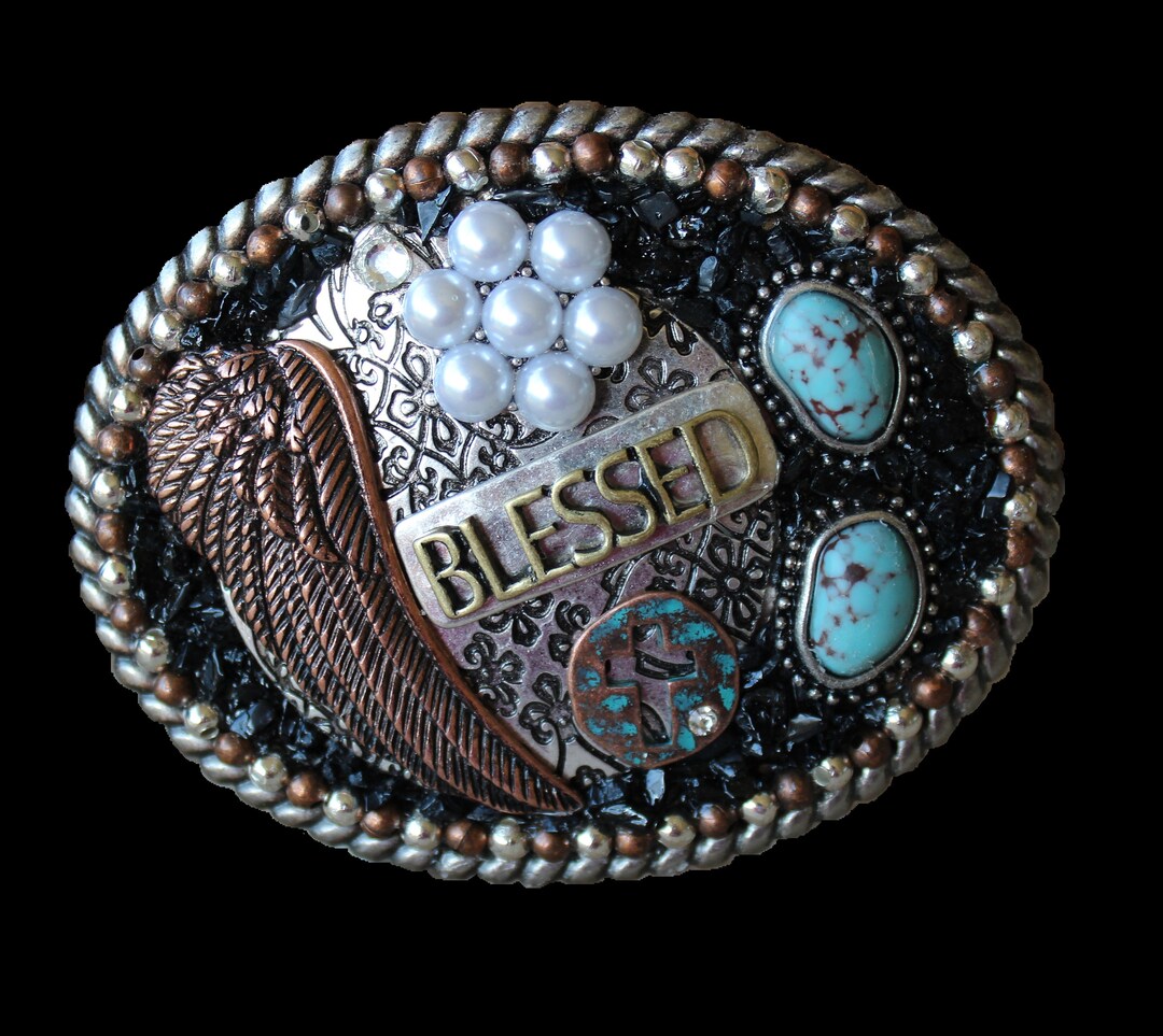 Western Christian Angelic blessed Mosaic Belt Buckle With Faux Pearls ...