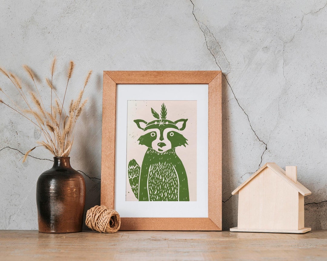 Children's Room Linocut Raccoon Linocut A5 Wall Decoration Children's ...