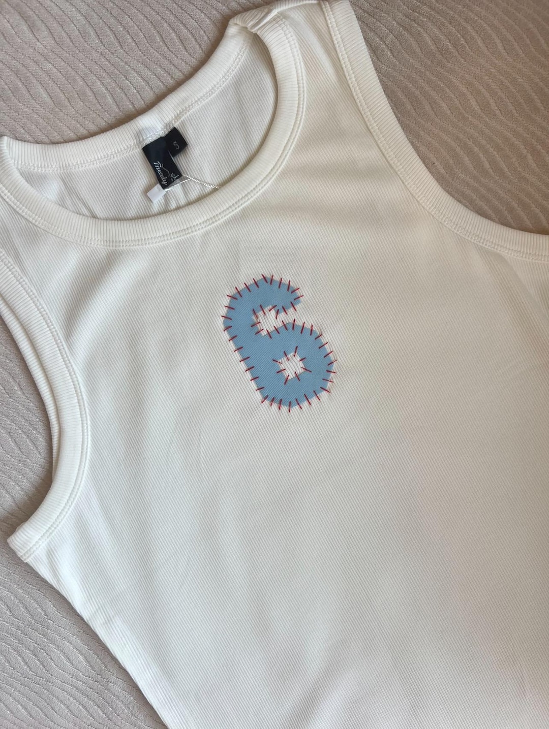 Numbers - White Ribbed High Neck Tank (full Length) - Hand Stitched *DM ...